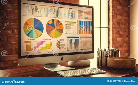 The Side View of a Computer Screen Displaying Multiple Financial Reports, Graphs and Pie in ...