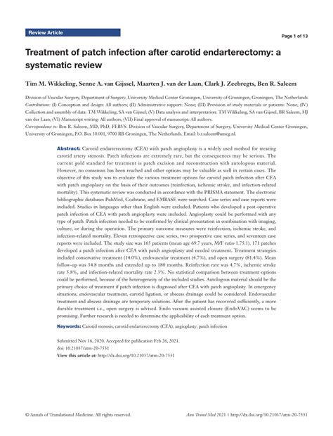 Pdf Treatment Of Patch Infection After Carotid Endarterectomy A