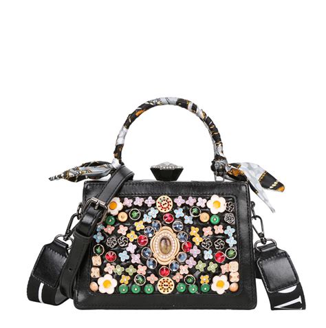 Gemstone And 3d Chrams Accent Scarfed Metal Frame Handbag Evening Bags