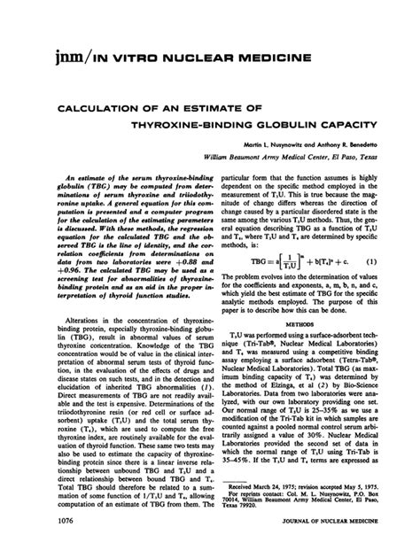 Calculation Of An Estimate Of Thyroxine Binding Globulin Capacity Journal Of Nuclear Medicine
