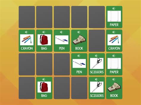 Memory Game School Supplies 2nd Grade Parejas