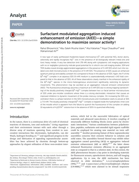 Pdf Surfactant Modulated Aggregation Induced Enhancement Of Emission