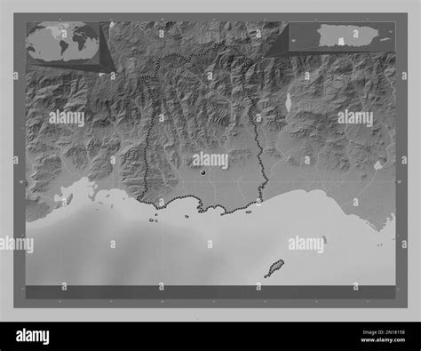 Ponce Municipality Of Puerto Rico Grayscale Elevation Map With Lakes And Rivers Corner