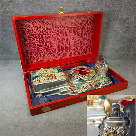 Rare Multicolor Japanese Smoking Set Cigarette Box Lighter Ashtray