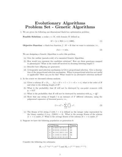 Evolutionary Algorithms Problem Set Genetic Algorithms