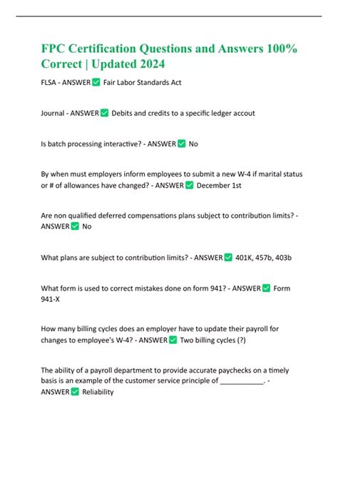 Fpc Certification Questions And Answers 100 Correct Updated 2024 Fpc Fundamental Payroll
