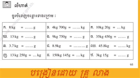 ថ្នាក់ទី5 លំហាត់មេរៀនរង្វាស់ទម្ងន់ ចូរបំពេញចន្លោះខាងក្រោម អក្សរ ក ខ គ ឃ ង Youtube