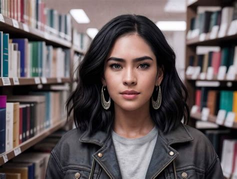 Premium Photo Beautiful Brunette Girl In The Library In A Denim Jacket