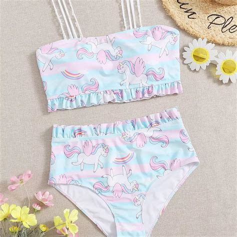 Plus Unicorn Print Ruffle Trim Bikini Swimsuit Beisat