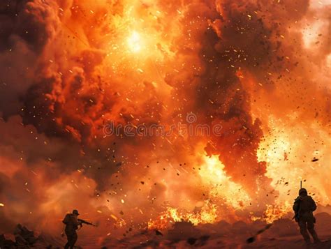 A Dramatic Explosion On A Battlefield With Soldiers Standing Infront Of