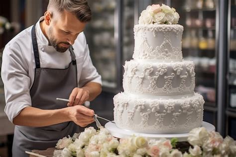 Premium Photo Baker Assembling A Tiered Cake With Pillars