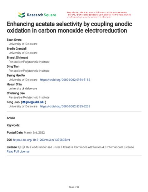 Enhancing Acetate Selectivity By Coupling Anodic Oxidation In Carbon Monoxide Electroreduction