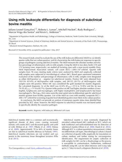 Pdf Using Milk Leukocyte Differentials For Diagnosis Of Subclinical