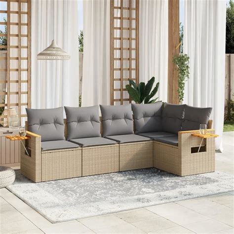 5 Piece Garden Sofa Set With Cushions Poly Rattan Vidaxl Beige And