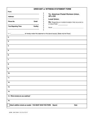 2012 2026 Apwu Grievant Or Witness Statement Form Blank Fillable
