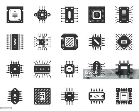 Microchip Black Silhouette Icons Cpu Vector Set Stock Illustration