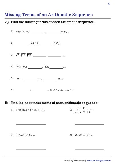 Missing Terms Of An Arithmetic Sequence Worksheets