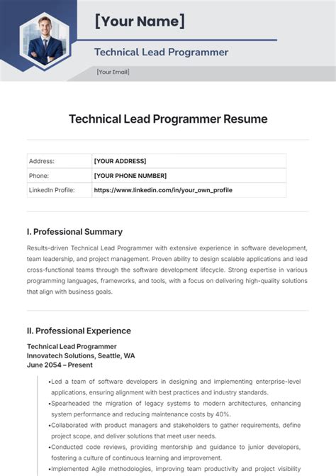 Free Technical Lead Programmer Resume Template To Edit Online