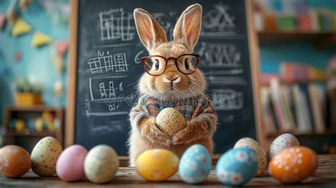 Easter Bunny Teacher Wearing Glasses Stands In A School Classroom With