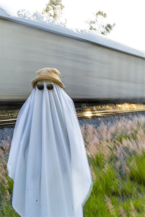 Ghost In The Countryside Enjoying The Sun And The Train Passing Behind Train Tracks Stock Image
