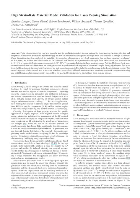 Pdf High Strain Rate Material Model Validation For Laser Peening