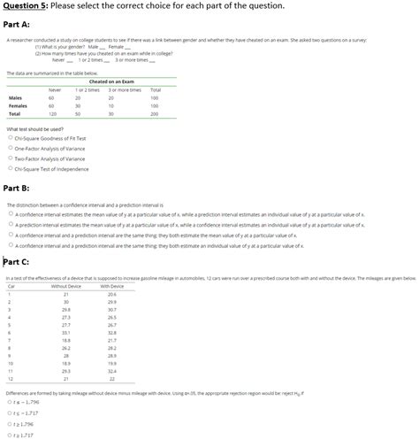 Solved Question 5 Please Select The Correct Choice For Each Chegg Com