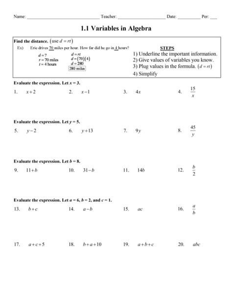 Algebra Essentials 11 Variables In Algebra Worksheet Docx And Pdf