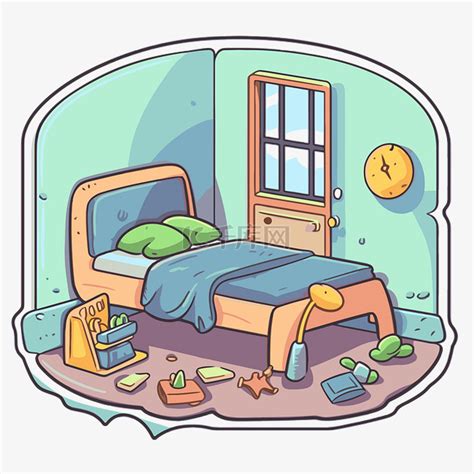 卡通风格贴纸矢量插图凌乱的卧室与蓝色床素材图片免费下载 千库网