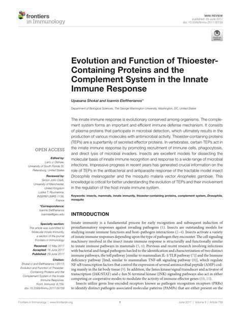 Pdf Evolution And Function Of Thioester Containing Proteins And The Complement System In The
