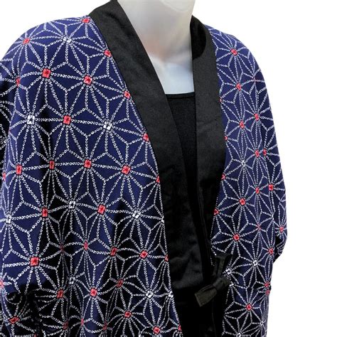 Traditional Japanese Reversible Hanten Coat Floral Print And Blue