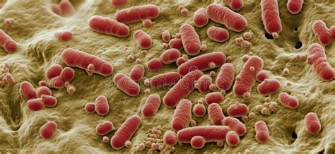 Microscopic View Of Bacteria Colonies On A Textured Surface Showcasing Vibrant Red Shapes And