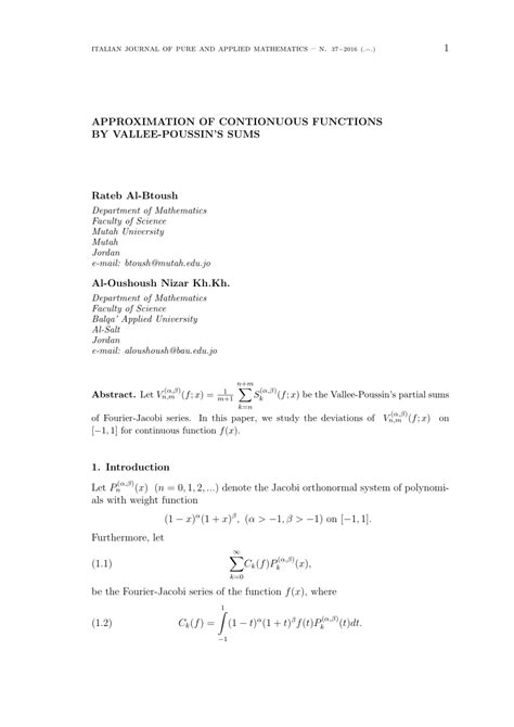Pdf Approximation Of Contionuous Functions By Vallee Poussins Sums