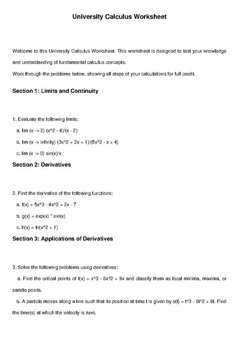 Calculus Worksheet 1 This Worksheet Is Designed To Test Your Knowledge And Understanding Of