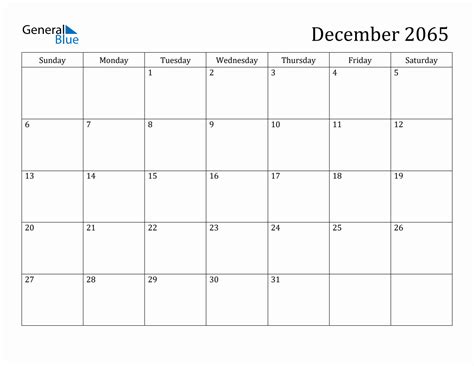 December 2065 Monthly Calendar