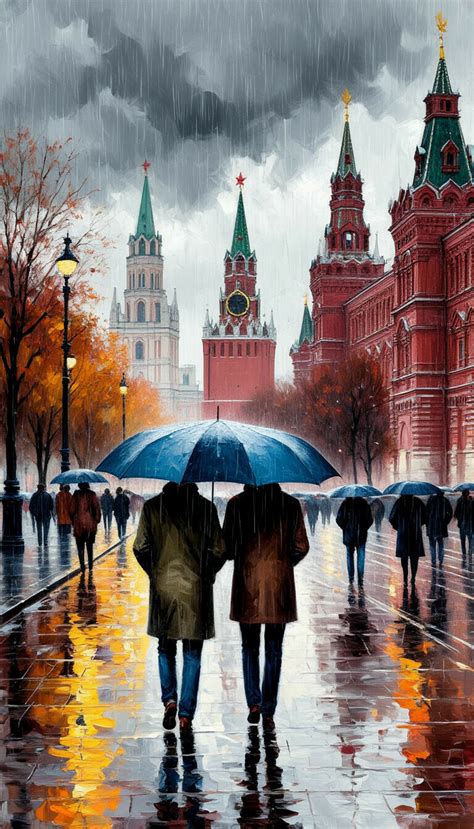 Moscow Weather On May 1st 2025 Grey Sky Rain Rare Passers By Walk Under — Image Created