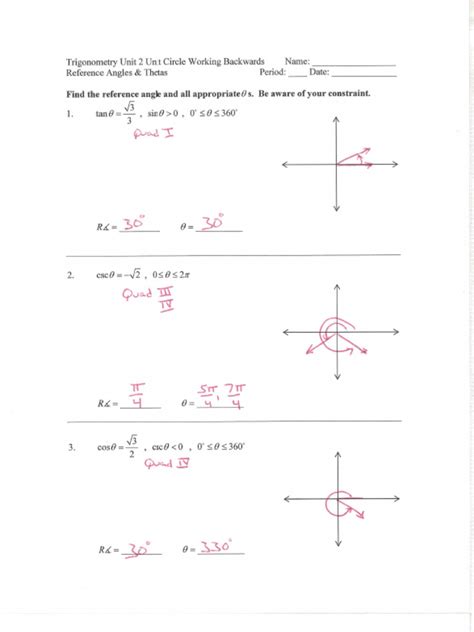 Precalculusunit31worksheet9unitcircleworkingbackwardskey 1