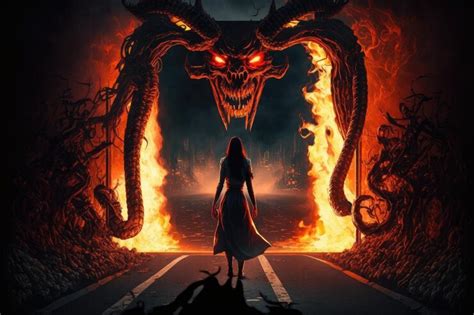 Premium Photo Devil In Form Of Woman Stands On Road In Front Of Gate