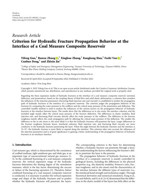 Pdf Criterion For Hydraulic Fracture Propagation Behavior At The Interface Of A Coal Measure