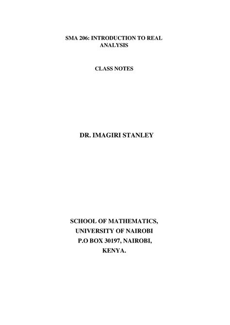 Imagiri Notes Sma 206 Introduction To Real Analysis Class Notes Dr
