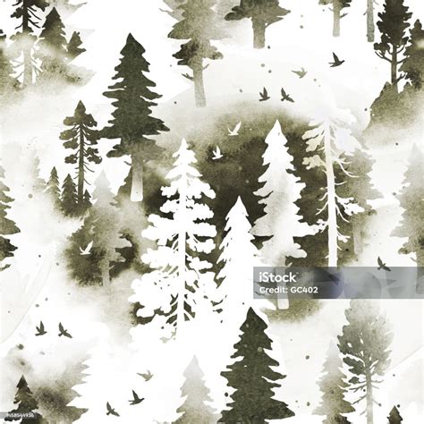 밤하늘 아래 흑백 색상의 침엽수 림이 있는 세련된 매끄러운 패턴 나무의 벡터 실루엣입니다 페이지 채우기 포장지 웹 섬유 인쇄를 위한 자연 디자인 0명에 대한 스톡 벡터 아트