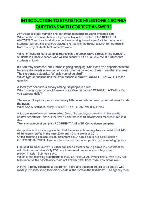 Introduction To Statistics Milestone 1 Sophia Questions With Correct Answers Introduction To