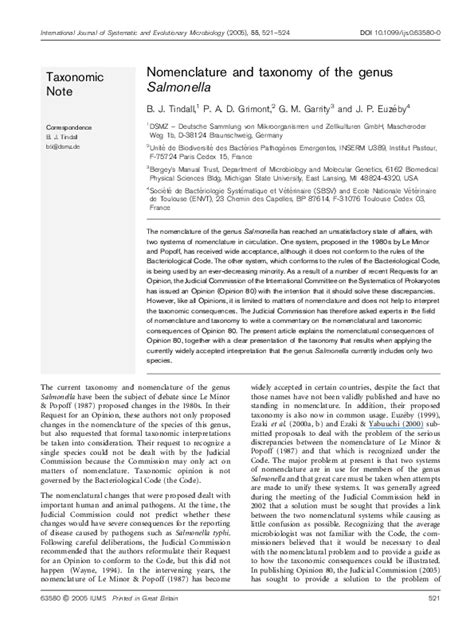 Pdf Nomenclature And Taxonomy Of The Genus Salmonella