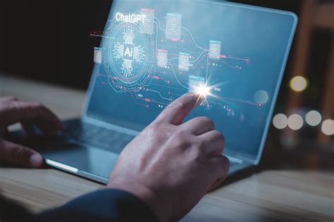 사업가 Ai 인공 지능과 채팅 기술 스마트 로봇 Ai 인공 지능을 사용하여 명령 프롬프트를 입력하여 무언가를 생성하고 미래 기술 변환 개념에 대한 스톡 사진 및 기타 이미지