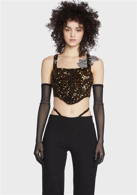 Rare London Sequin Corset Crop Top With Mesh Glove Gold Rare London