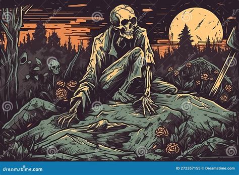 Zombie Rising From Grave In Cemetery At Night Cartoon Style