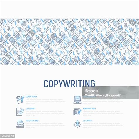 얇은 선 아이콘으로 카피 라이팅 개념 편지 전자 메일 책 블로그 펜 깃털 타자기 문서 현 서와 손 현대 벡터 일러스트 레이 션 웹 페이지 서식 파일 배너 개념에 대한 스톡