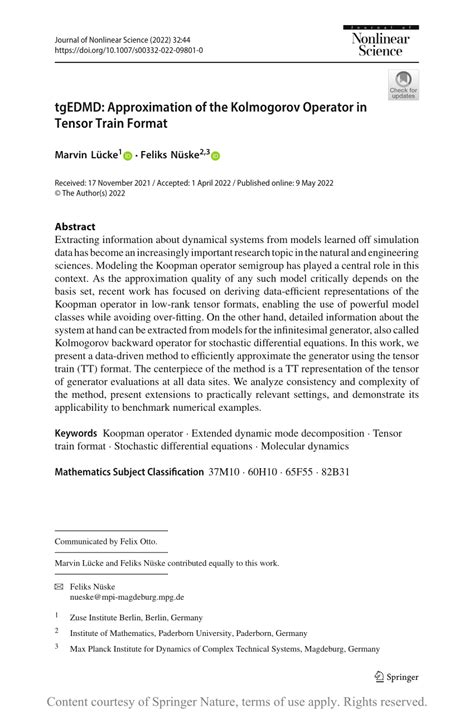Pdf Tgedmd Approximation Of The Kolmogorov Operator In Tensor Train Format