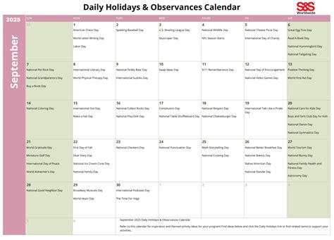 September Daily Holidays And Observances Printable Calendar Sands Blog