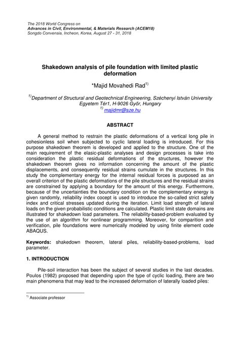Pdf Shakedown Analysis Of Pile Foundation With Limited Plastic Deformation