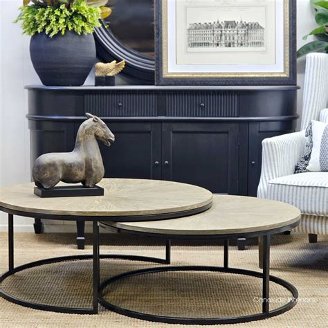 Kinsley Round Nesting Coffee Tables Weathered Oak Modern Hamptons